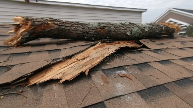 Fallen Tree Damaging Roof Shingles in Storm Aftermath Scene Stock ...