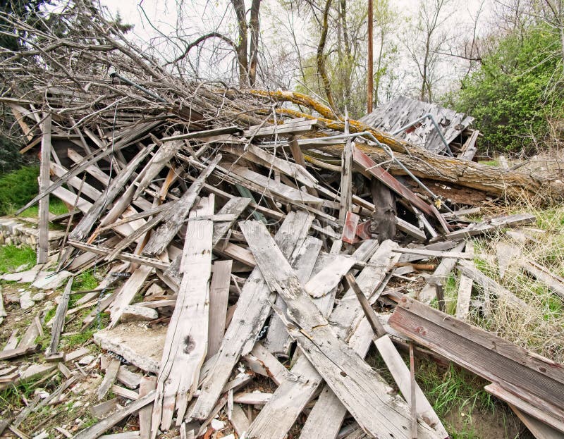 Fallen Tree on Destroyed Wood Building. Stock Image - Image of fallen ...