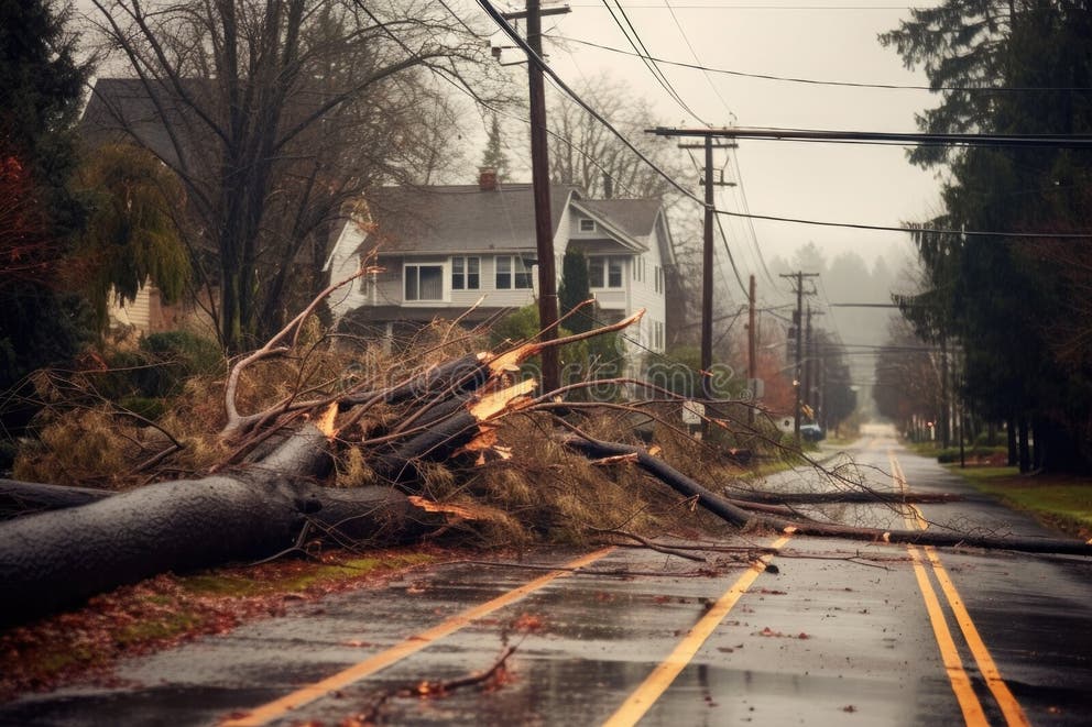 Fallen Tree Entangled in Power Lines, Causing a Road Closure Stock ...