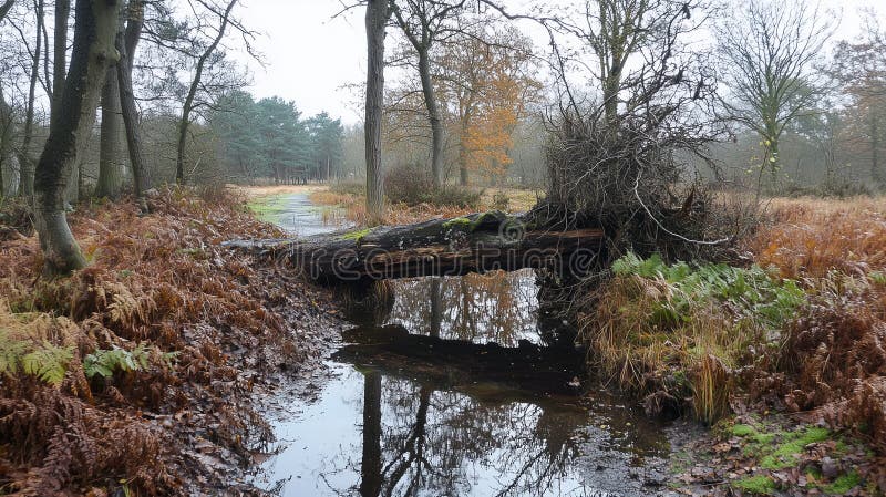 Fallen Tree Forms a Natural Bridge Over a Shallow Waterway in a Forest ...