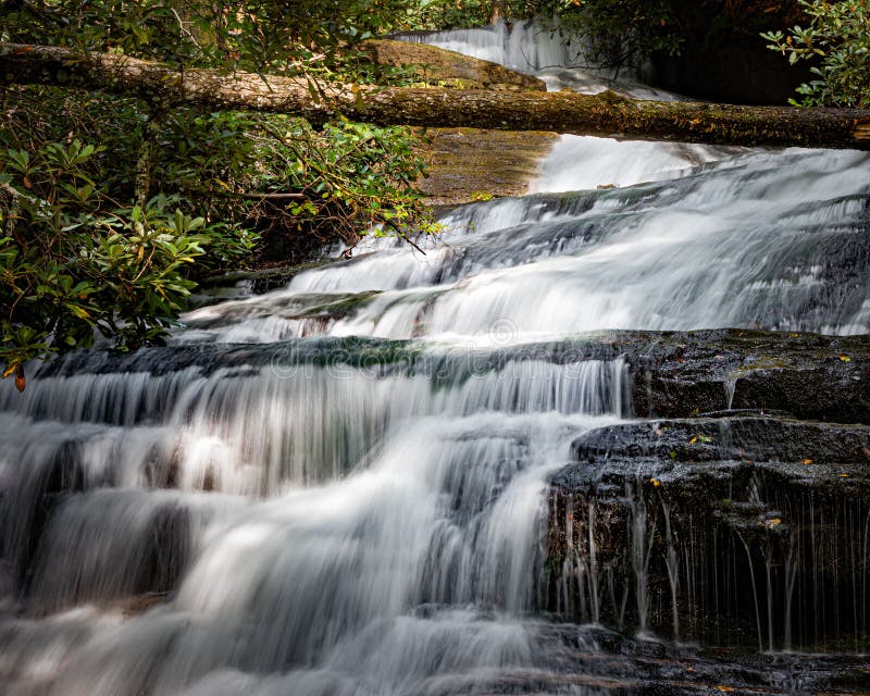 Fallen Tree Frames Camp Creek Falls in Pisgah Forest, NC Stock Image ...