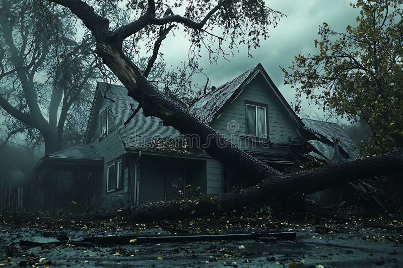 Fallen Tree on House stock illustration. Illustration of cloudy - 350748713