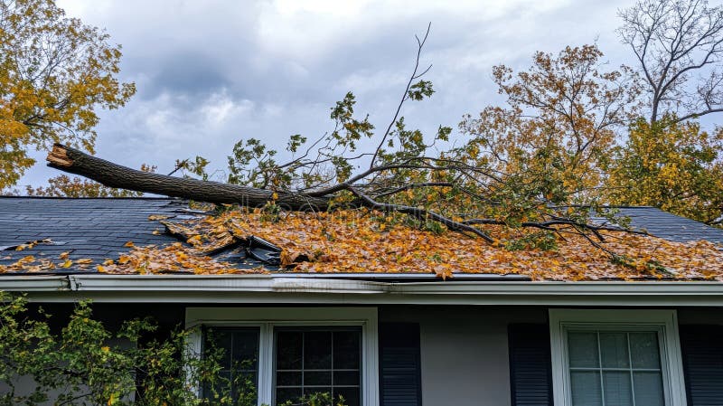 Fallen Tree on House Roof Causing Damage during Autumn Storm Stock ...
