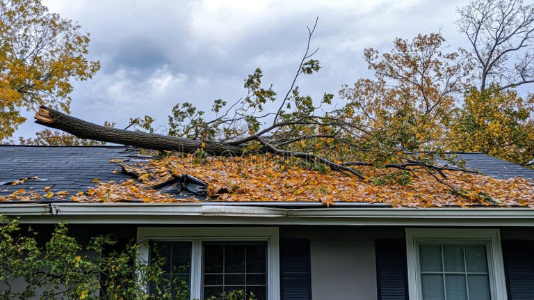 Fallen Tree on House Roof Causing Damage during Autumn Storm Stock ...