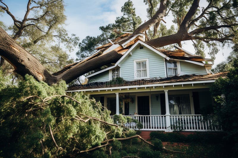Fallen Tree on House Roof. Generative by Ai Stock Illustration ...
