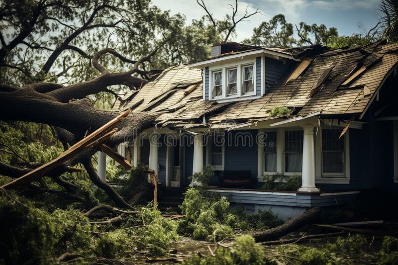 Fallen Tree on House Roof. Generative by Ai Stock Illustration ...