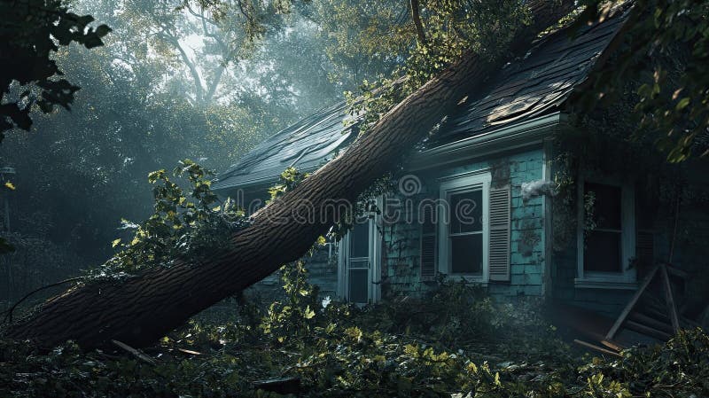 A Fallen Tree on a House Roof after a Hurricane with Copy Space Stock ...