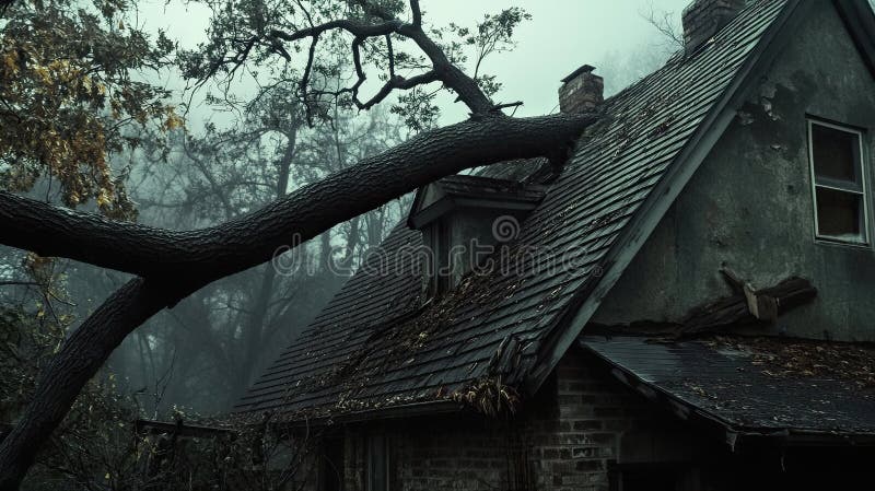 A Fallen Tree on a House Roof after a Hurricane with Copy Space Stock ...