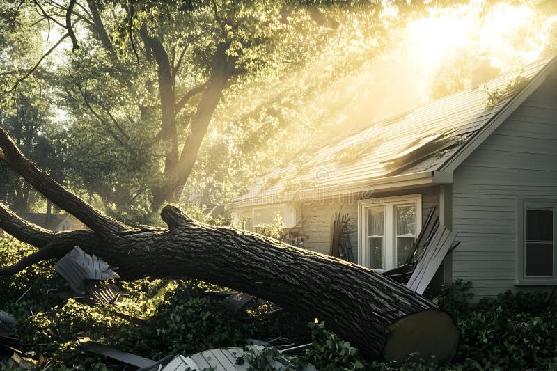 Fallen Tree on House after Storm in Sunlit Forest Setting Stock Photo ...