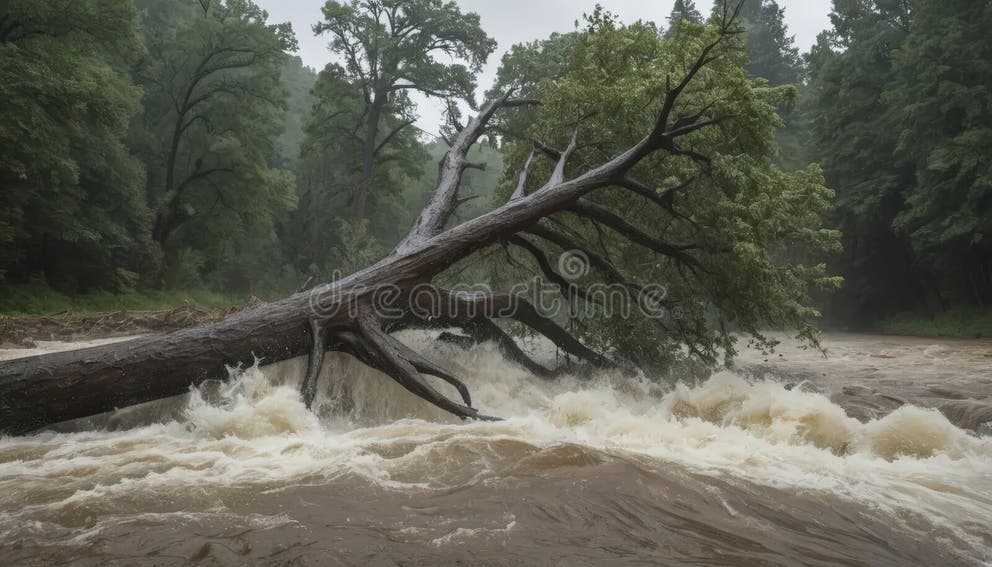 Fallen Tree Obstructing River Flow after Storm with Forest Background ...