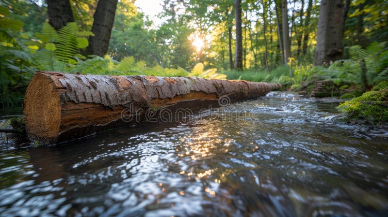 A Fallen Tree Over a Stream in the Forest at Sunrise Stock Image ...