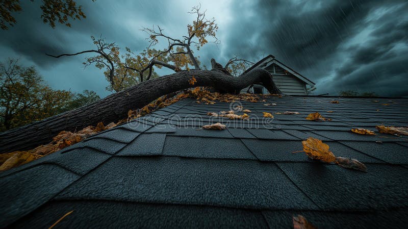 Fallen Tree on Roof during Stormy Weather with Dark Clouds and Rain ...