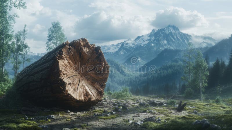 A Fallen Tree Trunk Against a Majestic Mountain Range Stock ...
