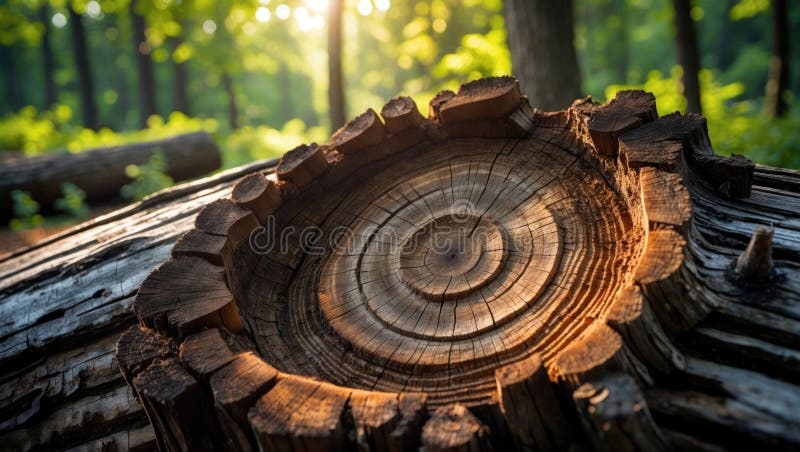 Sunlit Tree Trunk Cross Section in Forest, Revealing Detailed Growth ...