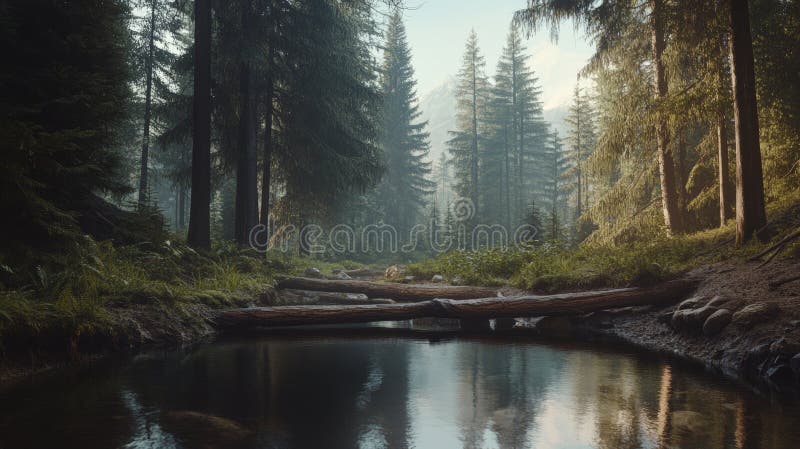 Fallen Tree Trunks Creating a Bridge Over a Forest Stream at Dawn Stock ...