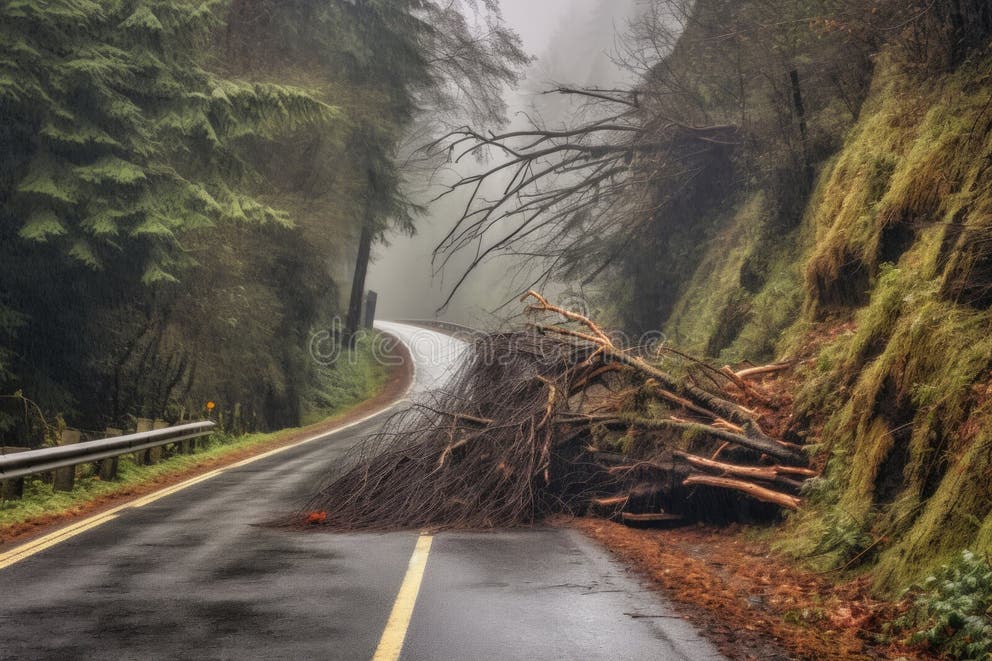 Fallen Tree with Warning Signs on a Mountain Road Stock Image - Image ...