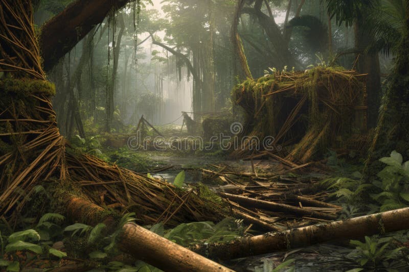 Fallen Trees and Debris in Once Dense Jungle Stock Illustration ...