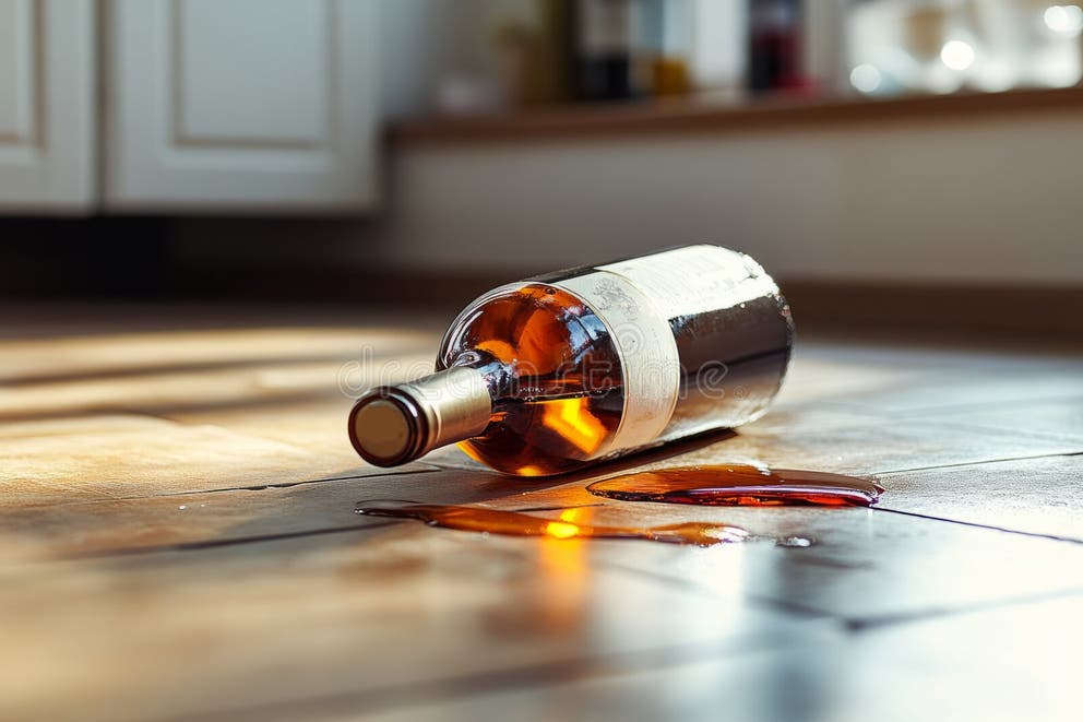 Fallen Wine Bottle Spilling Its Content on the Kitchen Floor, Creating ...