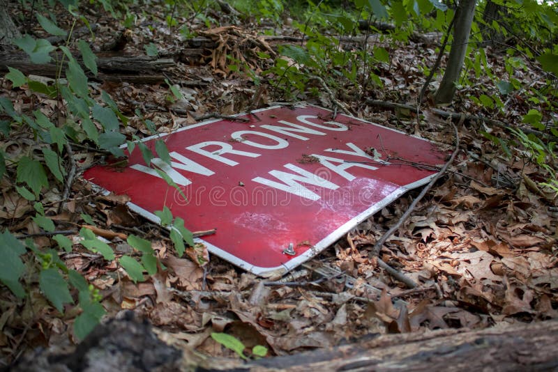 Wrong Way Red and White Street Sign Broken and on the Forest Ground ...