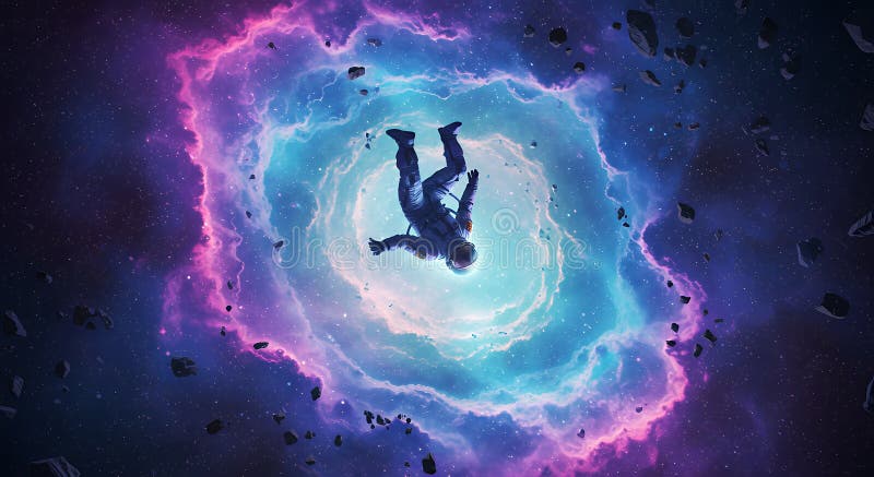 Falling Astronaut in Colorful Space Nebula with Floating Asteroids ...