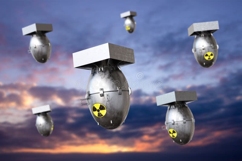 Falling Atomic Bombs Against the Sunset Sky Stock Illustration ...