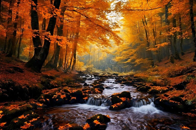 A Falling Autumn Forest with a Lot of Red Foliage and a Fast Cold ...