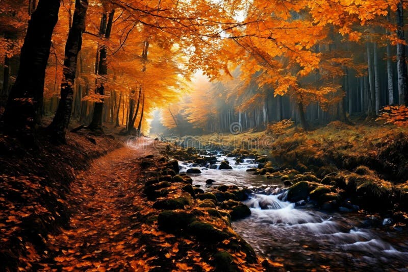 A Falling Autumn Forest with a Lot of Red Foliage and a Fast Cold ...