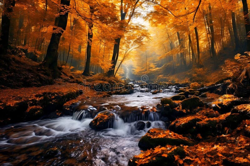 A Falling Autumn Forest with a Lot of Red Foliage and a Fast Cold ...