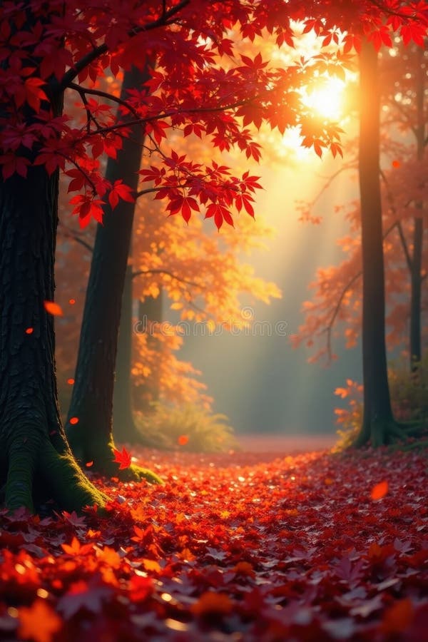 Falling Autumn Leaves, Red and Gold, in a Sunlit Forest Setting ...