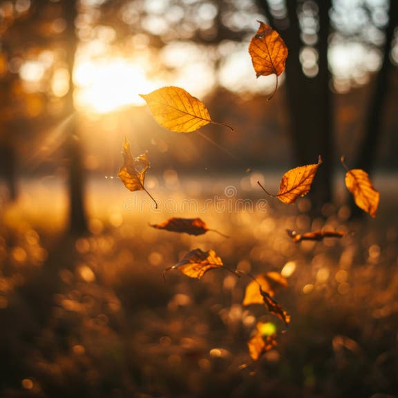 Falling Autumn Leaves at Sunset in a Forest Stock Illustration ...