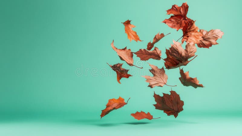 Falling Autumn Leaves on Teal Background, Seasonal Change Concept Stock ...