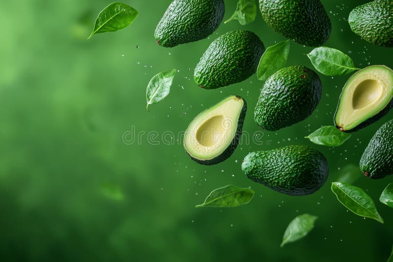 Falling Avocados in Green Background, Flying Avocado Slice in Action ...