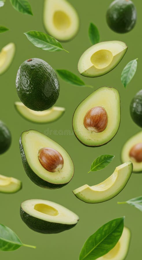Falling Avocados and Leaves on Green Background Stock Illustration ...