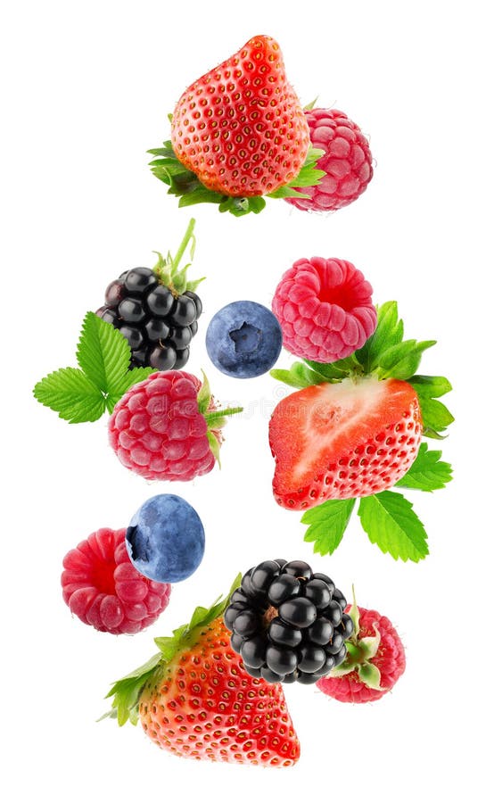 Whole and Sliced Raspberries in the Air on a White Background Stock ...