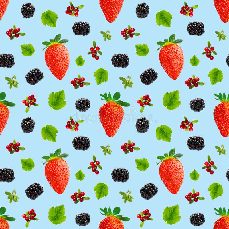 Falling Berries Seamless Pattern Isolated on Blue Background, Different ...