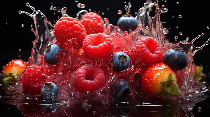 Raspberry with Water Splash Near Generative AI Stock Illustration ...