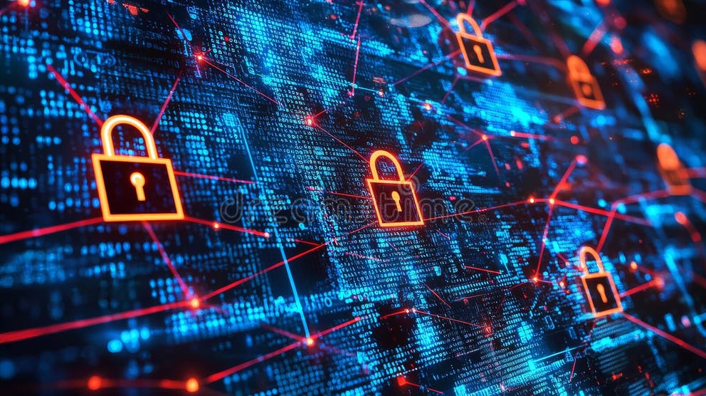 The Falling Binary Code and Alarm Icons Represent a Data Breach in ...