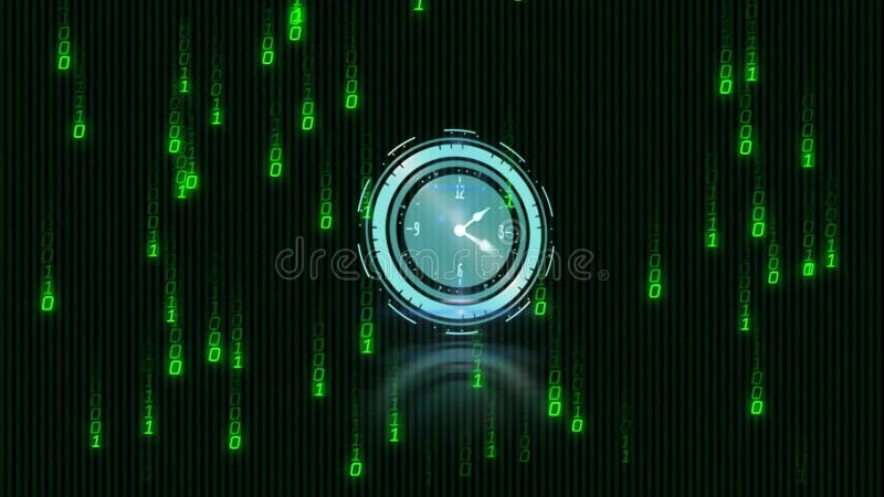 Falling Binary Code and Digital Clock on Green Background, Creating Animation Effect Stock ...
