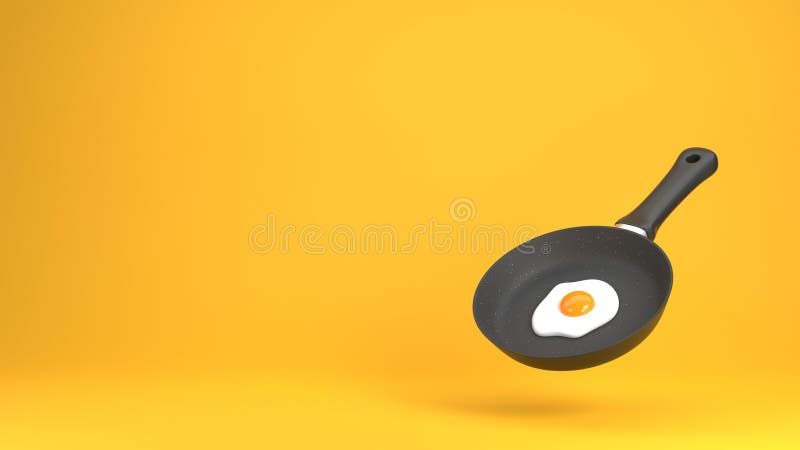 Falling Black Pan with Fried Egg on Yellow Background. 3D Rendering ...