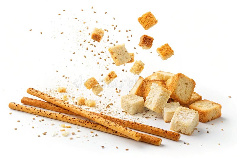 Falling Bread Croutons Salted Bread Sticks Isolated on White Background ...