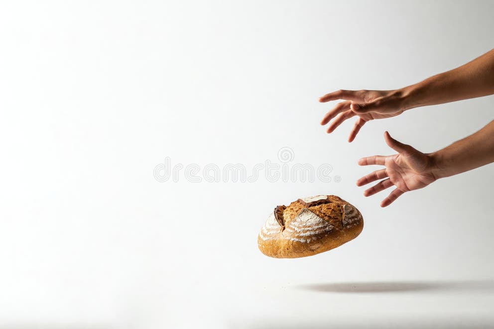Falling Bread and Outstretched Hands Waiting. Space for Text. Stock ...