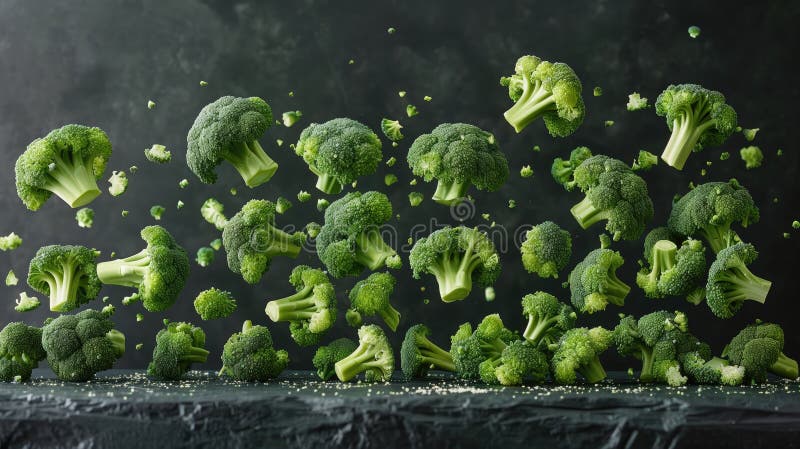 Falling Broccoli, Clipping Path, Isolated on Black Background Stock ...