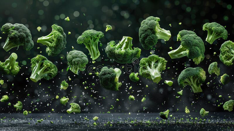 Falling Broccoli, Clipping Path, Isolated on Black Background Stock ...