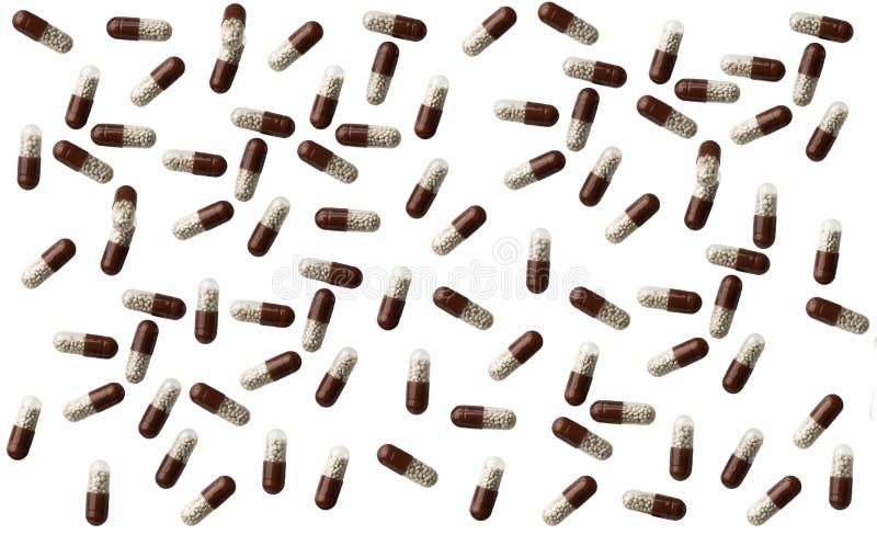 Falling Brown Medication Capsules Isolated on White Background Stock ...