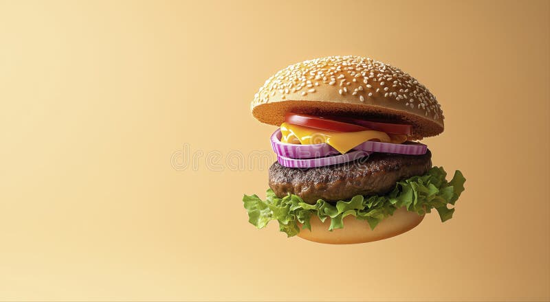 Falling Burger Floating in Air with Copy Space on Beige Background ...