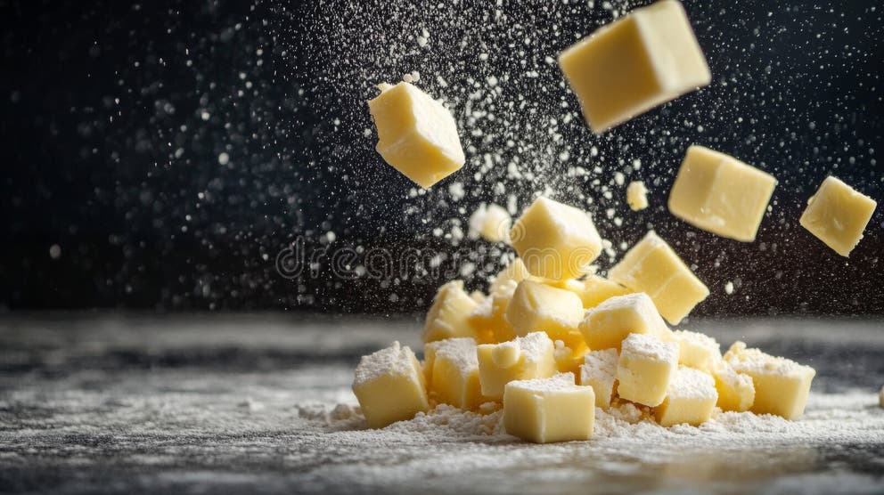 Falling Butter Cubes on Floured Surface Stock Illustration ...