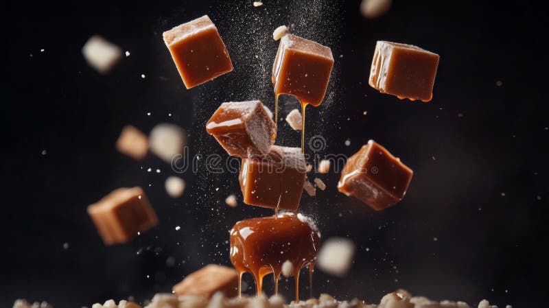 Falling Caramel Cubes with Sprinkles on Dark Background Stock ...