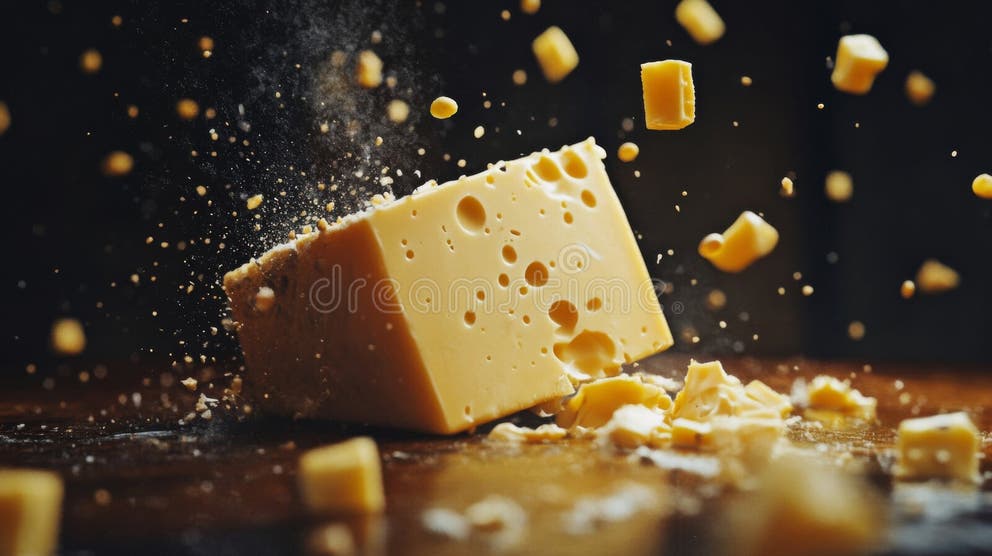 Falling Cheese Block with Crumbles on Dark Background Stock ...