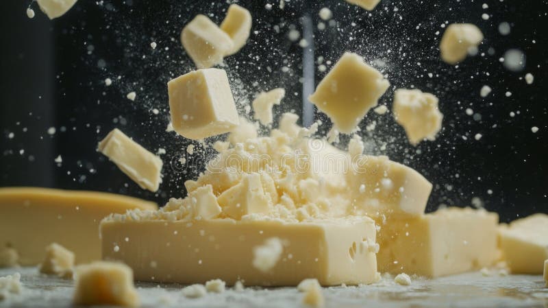Falling Cheese Cubes and Crumbles on Dark Background Stock Illustration ...