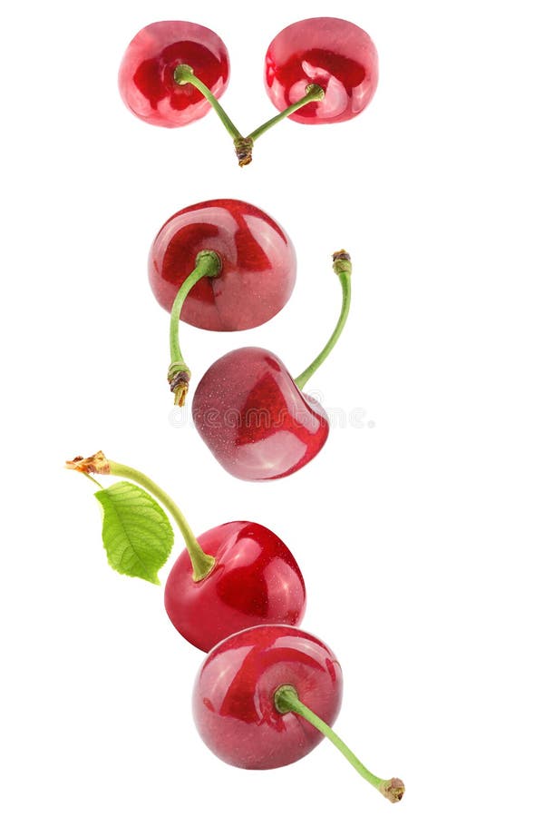 Falling Cherries Isolated on White Stock Photo - Image of drink, health ...
